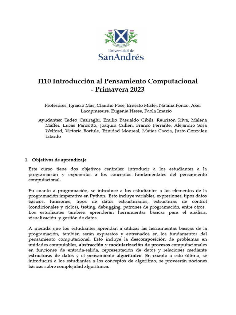Programa - I110 Introducción Al Pensamiento Computacional - 2do Semestre 2023 | PDF | Variable ...