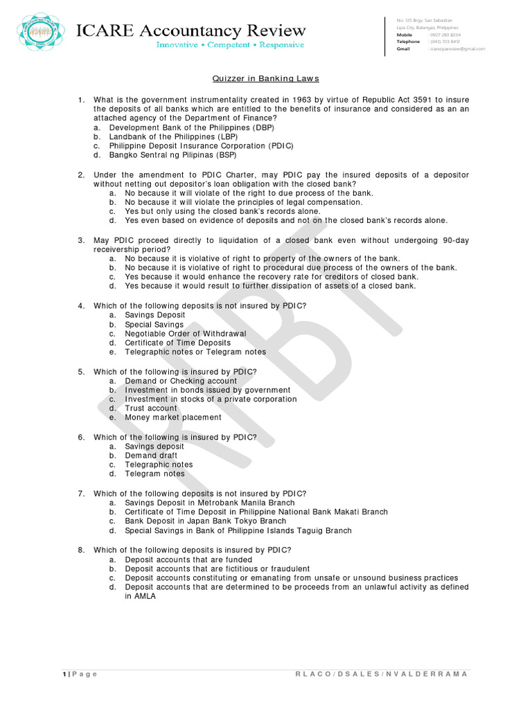 RFBT 05 22 Banking Laws MCQs | PDF | Banks | Deposit Account