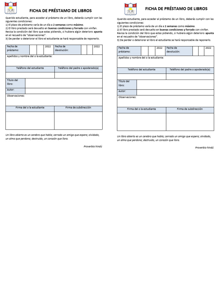 Formatos de Fichas de Préstamo de Libros | PDF