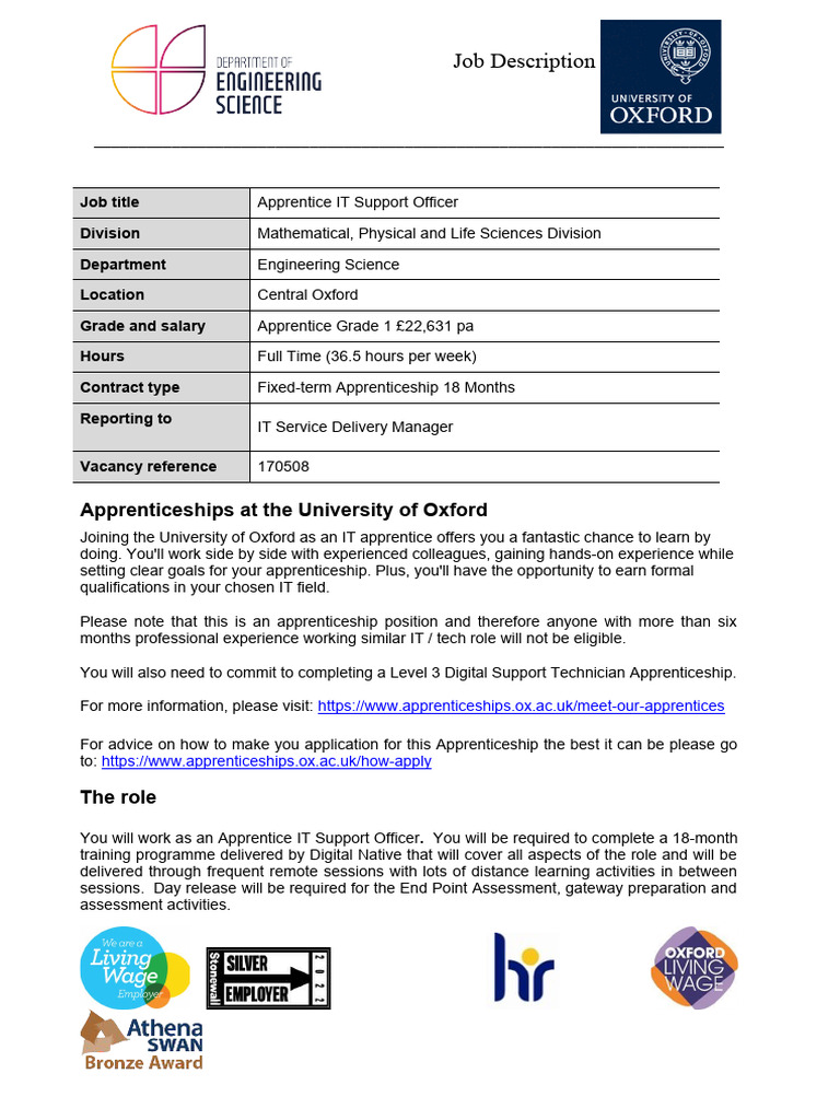 Job Description: Apprenticeships at The University of Oxford | Download ...