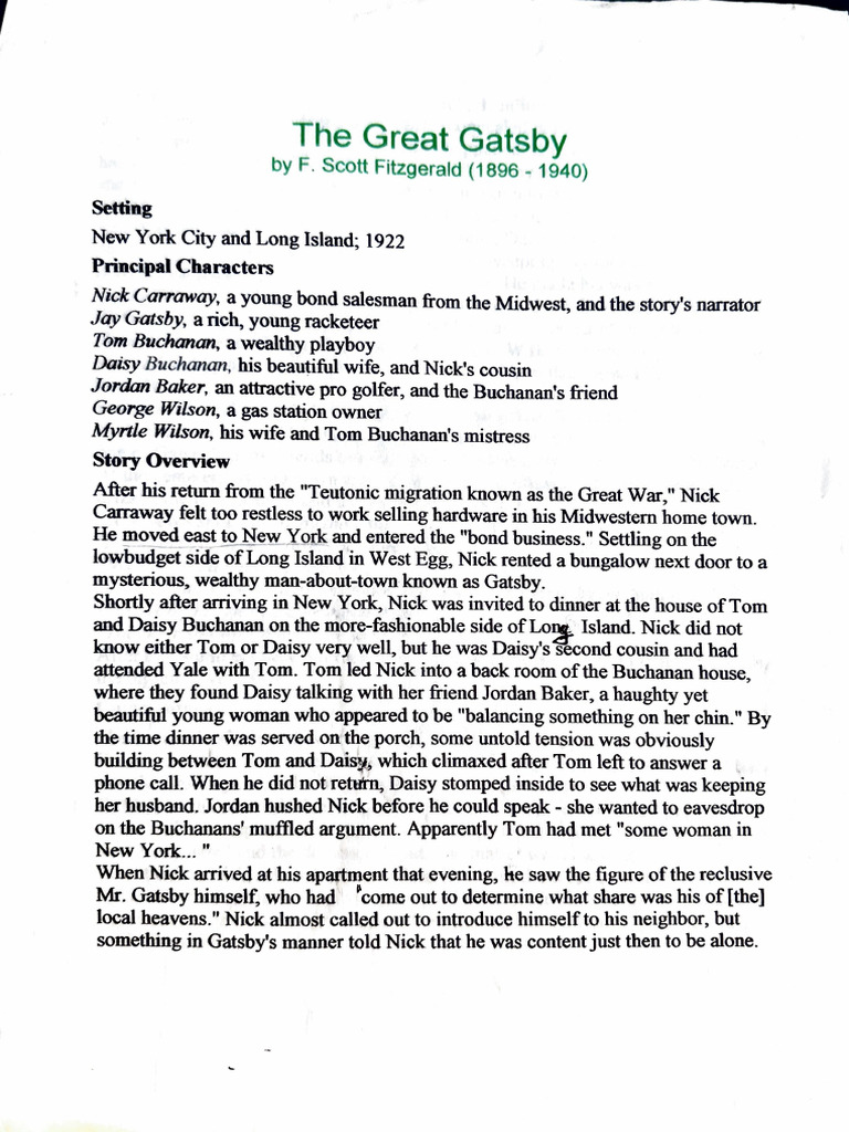 The Great Gatsby - Summary | PDF | The Great Gatsby