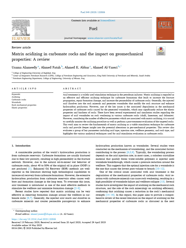 Matrix Acidizing in Carbonate Rocks and The Impact On Geomechanical ...