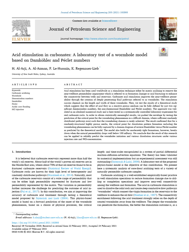 Acid Stimulation in Carbonates - A Laboratory Test of A Wormhole Model ...