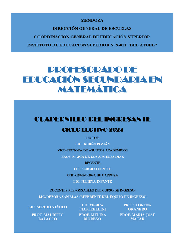 MATEMÁTICA - Cuadernillo de Ingreso 2024 | PDF | Maestros | Enseñando