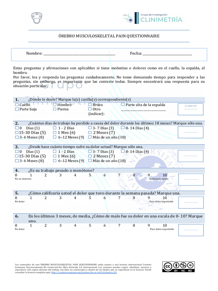 ÖREBRO MUSCULOSKELETAL PAIN QUESTIONNAIRE (Dolor) | PDF
