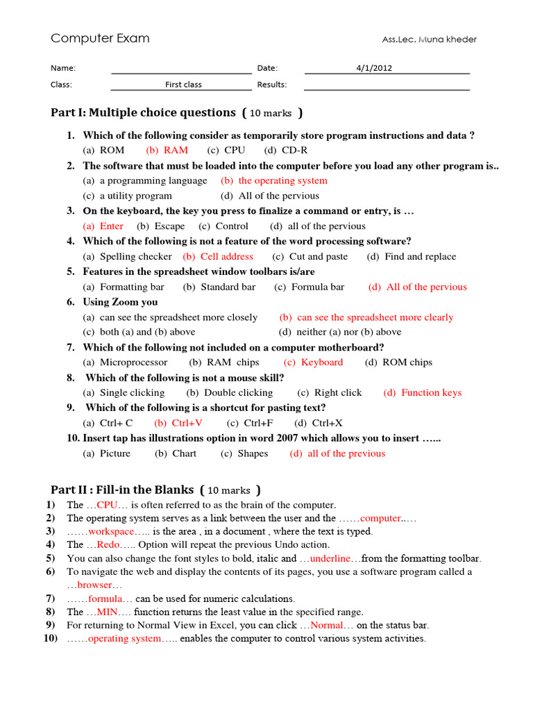 Computer Exam-First Class-Answers (Microsoft® Word 2010 - Microsoft® Word 2010) 1 | PDF | Input ...