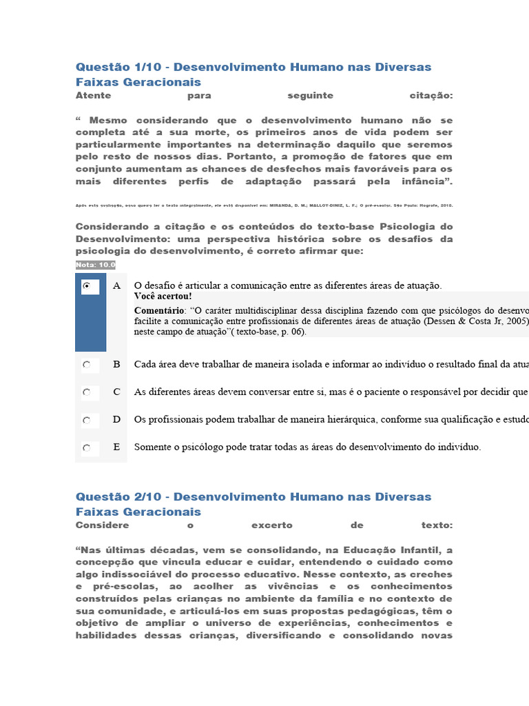Apol 1 e 2 Desenvolvimento Humano Nas Diversas Faixas Geracionais | PDF | Pré-escola | Psicologia