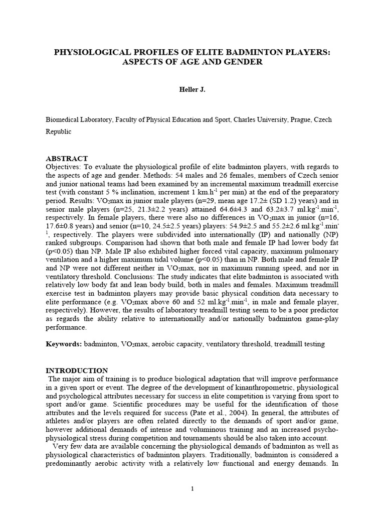 Physiological Profiles of Elite Badminton Players Aspects of Age and ...