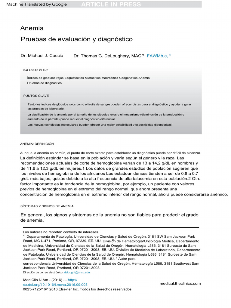 Anemia Evaluation and Diagnostic Tests - 2016 .Es | PDF | Anemia ...