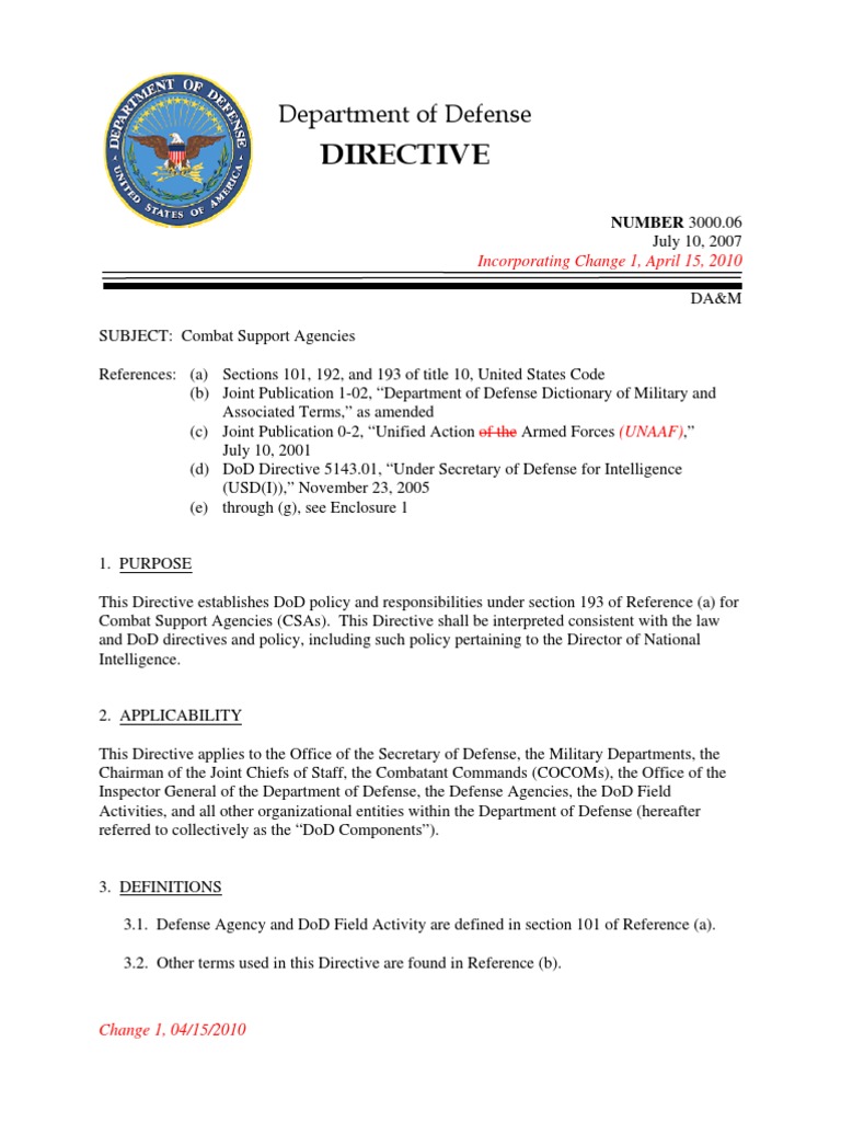 DODD 3000.06 Combat Support Agencies | PDF | United States Secretary Of ...
