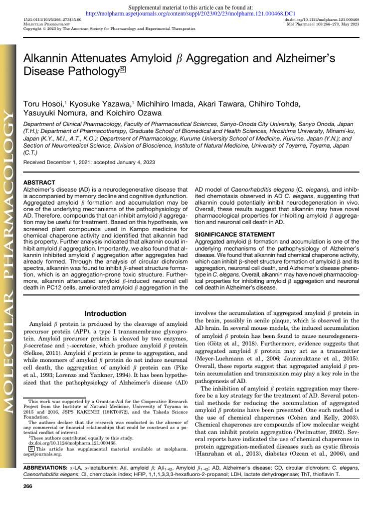 Alkannin Attenuates Amyloid B Aggregation and Alzheimer's Disease ...