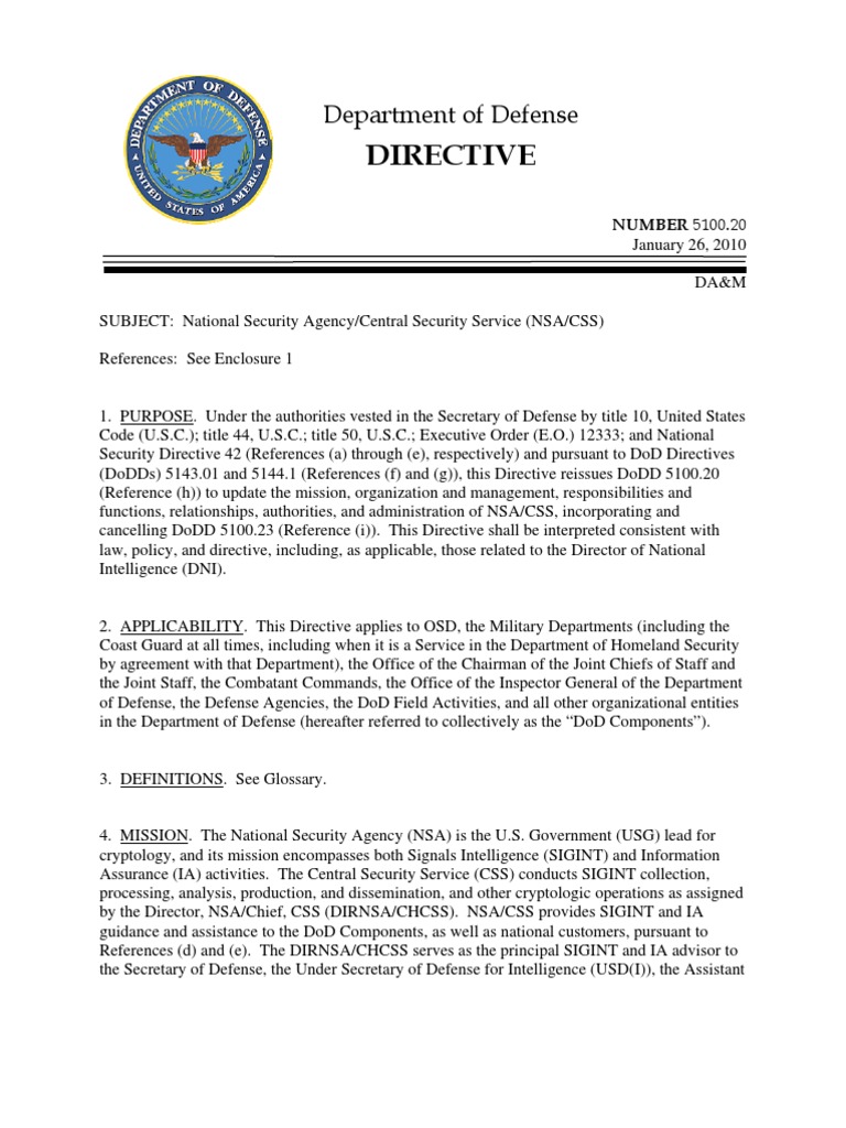 Dodd 510020 National Security Agencycentral Security Service Nsacss