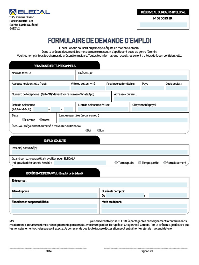 Demande d'emploi chez Elecal Canada | PDF