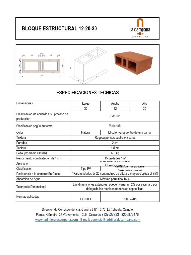 Ficha Tecnica Ladrillo Estructural 12 20 30 Liso | PDF