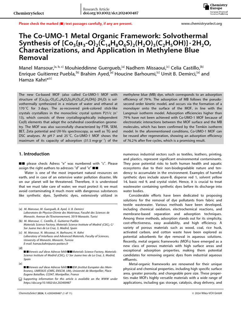 The Co-UMO-1 Metal Organic Framework: Solvothermal Synthesis of (Co (μ ...