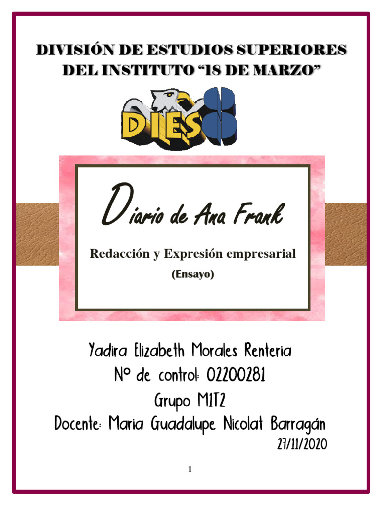 Diario de Ana Frank - Ensayo-Yadira Elizabeth Morales Renteria | PDF ...