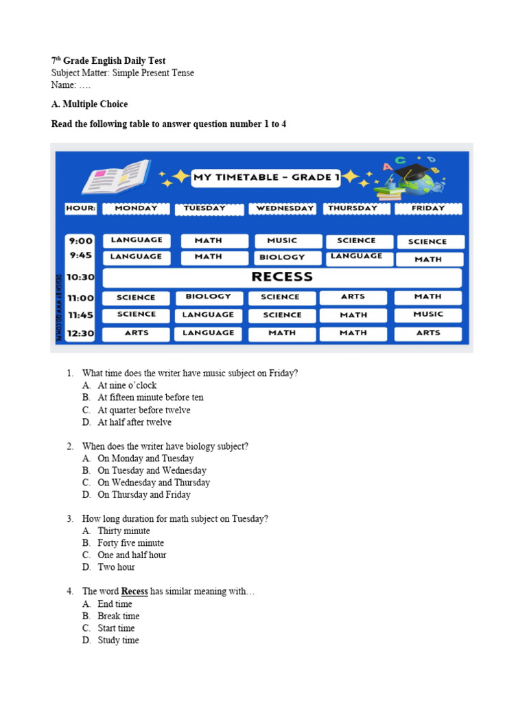 7th Grade English Daily Test Simple Present | PDF | Language Arts ...