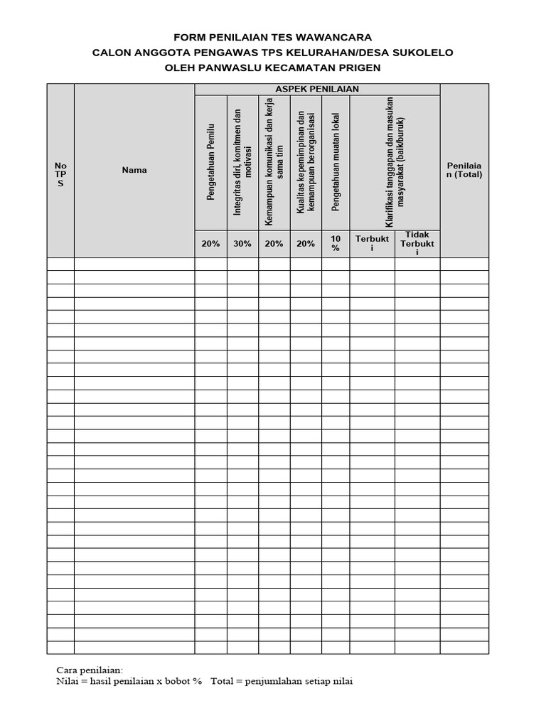 Form Penilaian Tes Wawancara Oleh Panwascam Pdf
