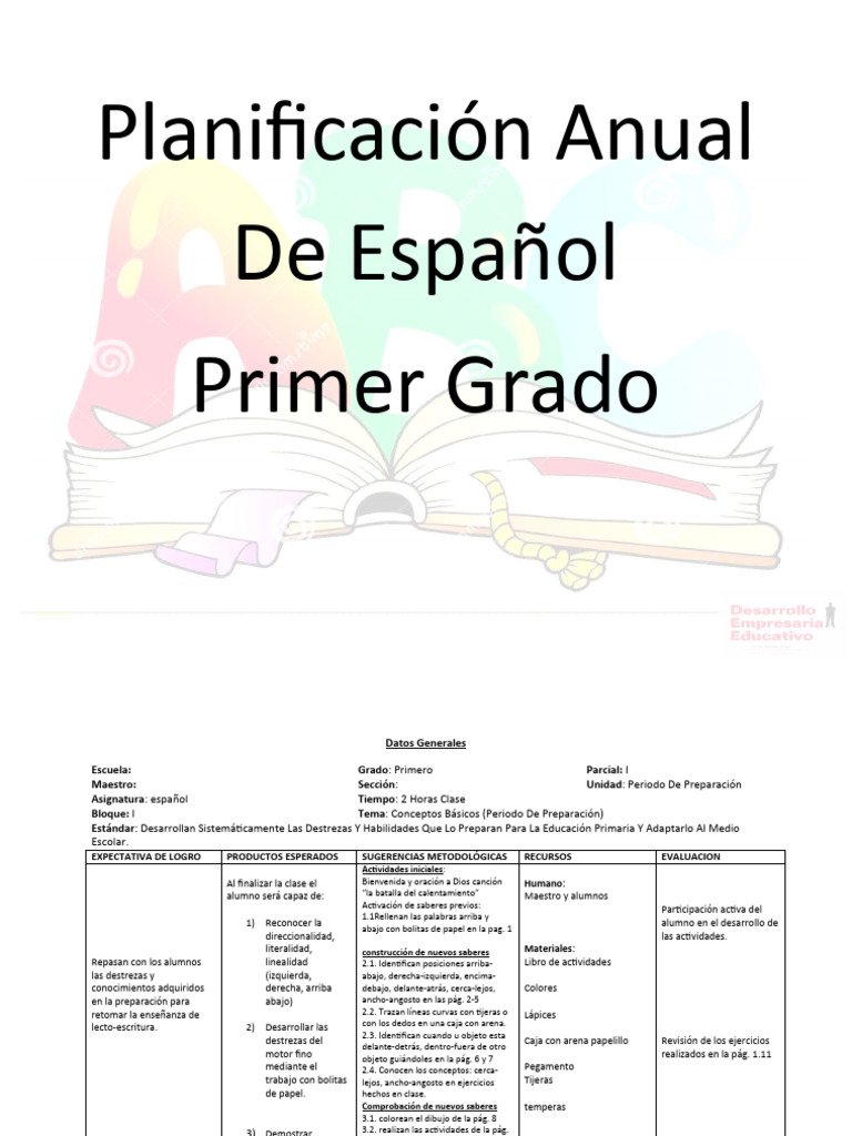 Planificación Anual Español Primer Grado | PDF | Educación primaria ...