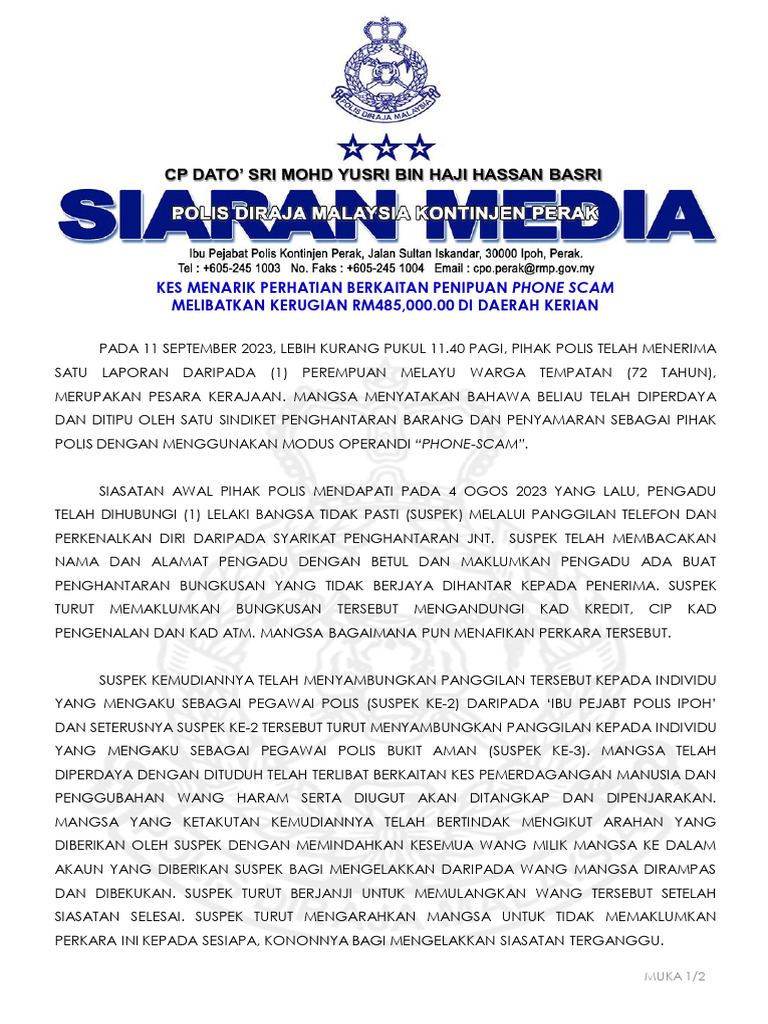 Siaran Media KP - Kes Phone Scam Penyamaran JNT Dan Polis Kerian | PDF
