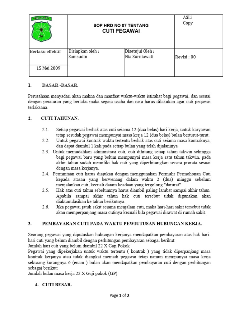BAB 4 SOP HRD Tentang Cuti Pegawai | PDF | Pengelolaan Keuangan & Uang