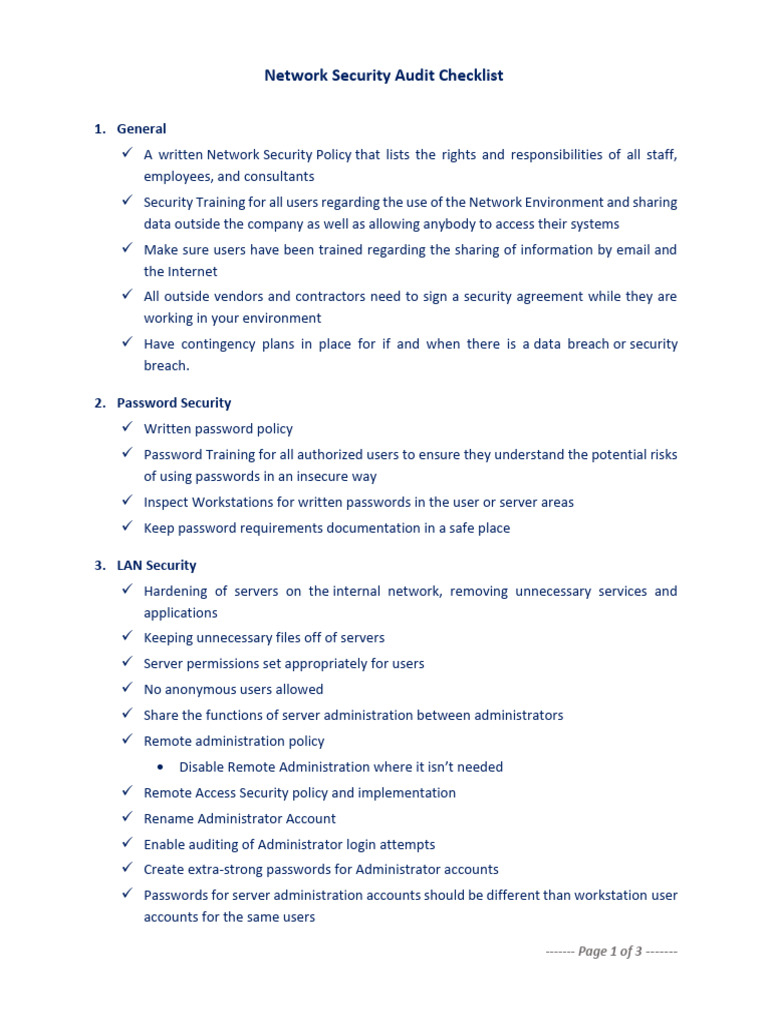 Network Security Audit Checklist | PDF | Firewall (Computing) | Security