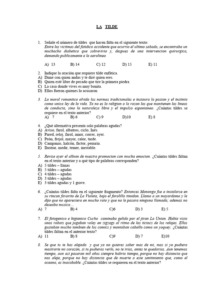 Tildes: Ejercicios y Respuestas | PDF