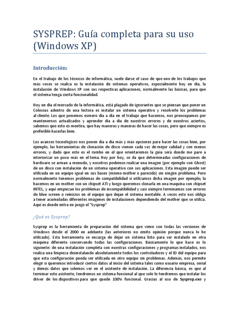 SYSPREP Guía Completa para Su Uso (Windows XP) | PDF | Archivo de computadora | Microsoft Windows