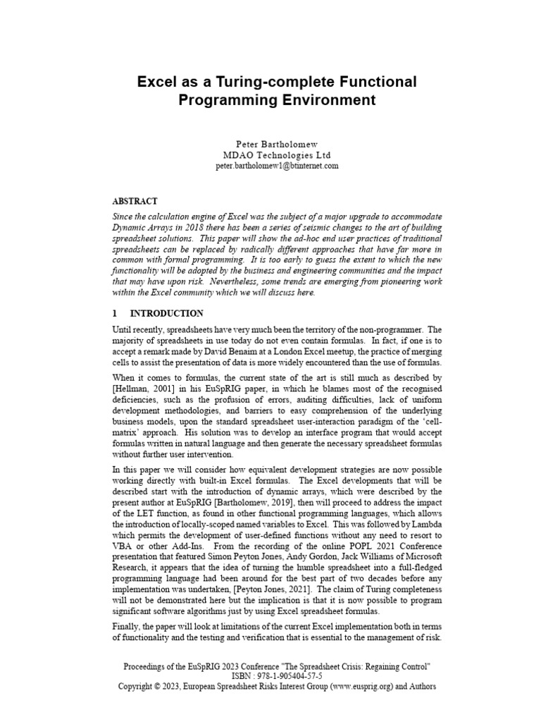 Excel As A Turing-Complete Functional Programming Environment | PDF | Spreadsheet | Microsoft Excel