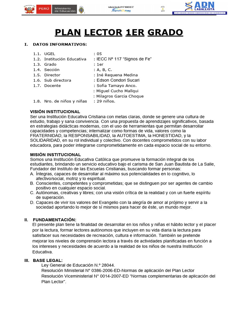 Plan Lector Primaria 2024 1er Grado b | PDF | Educación primaria | Comprensión lectora