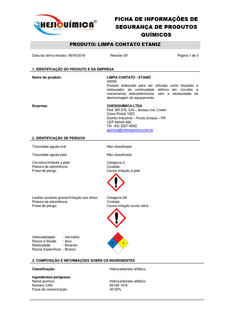 FISPQ Limpa Contato Etaniz | PDF