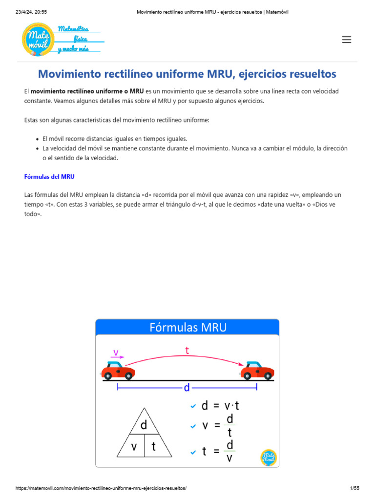 Movimiento Rectilíneo Uniforme MRU - Ejercicios Resueltos - Matemóvil | PDF | Velocidad | Velocidad