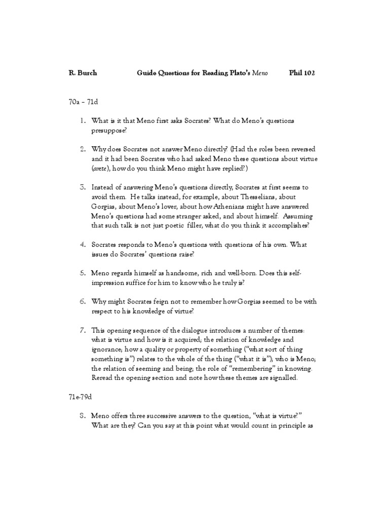 Guide Questions For Plato S Meno | PDF | Philosophical Theories ...