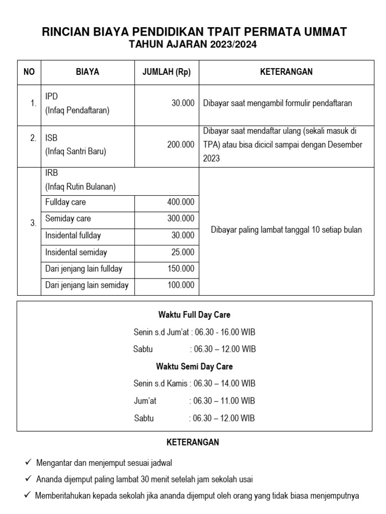 Rincian Biaya Pendidikan TPAIT 2023/2024 | PDF
