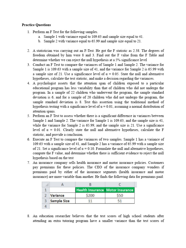F-Test Practice Questions | PDF | F Test | Statistical Significance