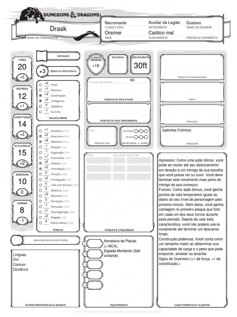 Ficha de Personagem: Drask | PDF