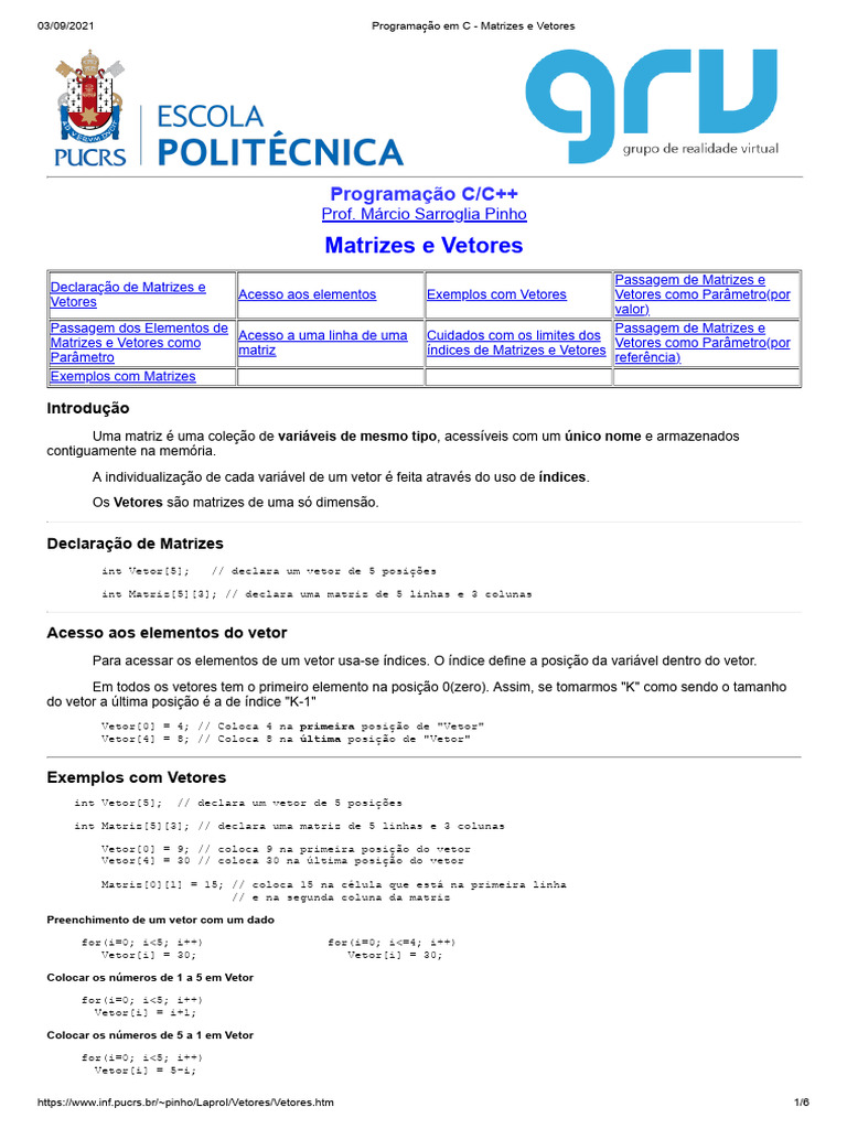 Programação em C - Matrizes e Vetores | PDF | Matriz (Matemática ...
