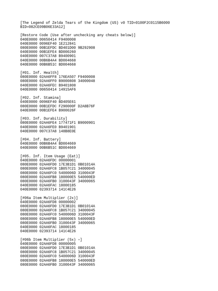 Zelda TOTK Cheat Codes Guide | PDF