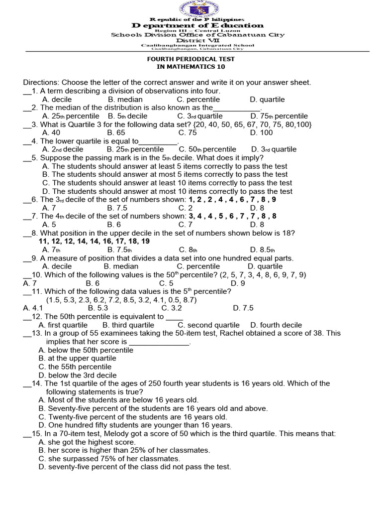 Mathematics 10 Periodical Test Guide | PDF | Percentile | Median