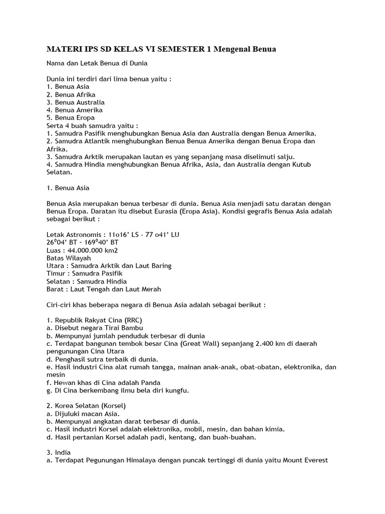 MATERI IPS SD KELAS VI SEMESTER 1 Mengenal Benua | PDF