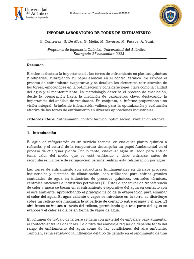 Informe Torre de Enfriamiento | PDF | Humedad | Vapor de agua