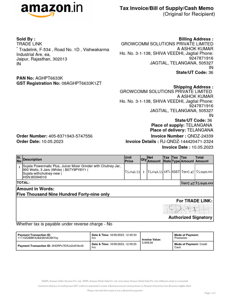 Sujata Juicer Mixer Grinder With Chutney Jar Invoice | PDF | Invoice ...