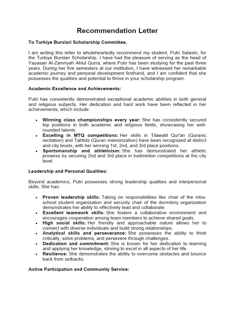 Recommendation Letter-Putri Salastri | PDF | Leadership | Social Psychology