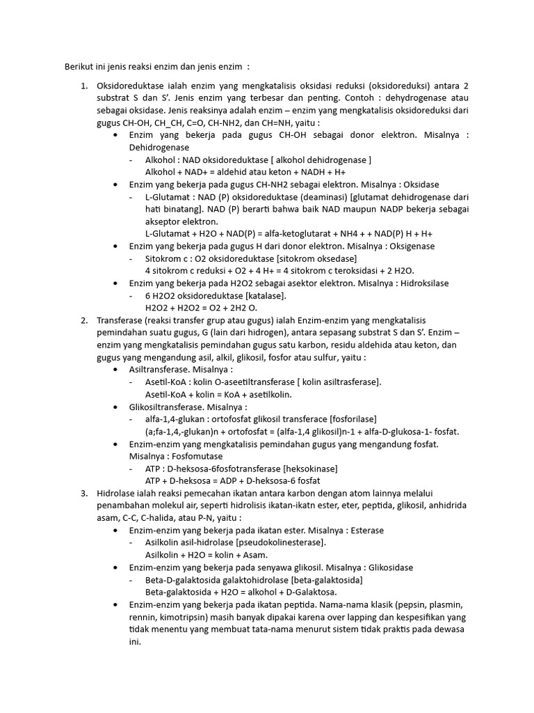Berikut ini jenis reaksi enzim dan jenis enzim | PDF