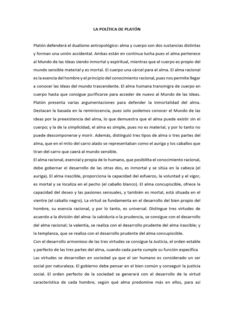 La Filosofía Política de Platón | Descargar gratis PDF | Alma | Platón