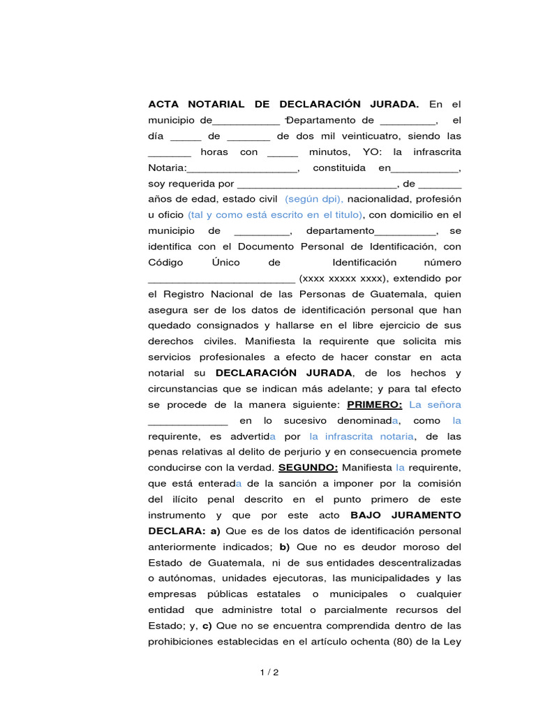 2 Modelo Acta de Declaración Jurada 24012024 | PDF | Gobierno | Justicia