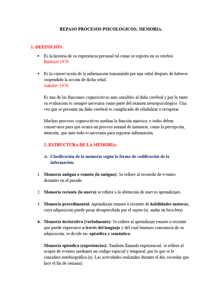 Repaso Procesos Psicologicos Memoria Pdf Memoria Sistema Límbico