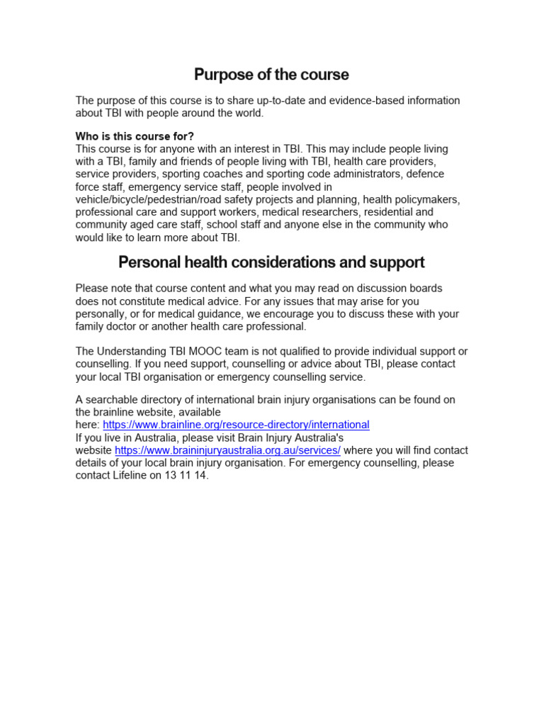Purpose of The Course | PDF | Traumatic Brain Injury | Health Care