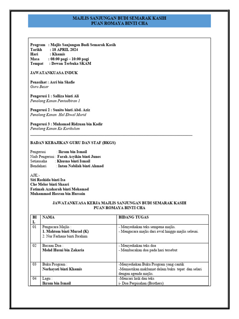 Ajk - Aturcara Majlis Perpisahan Puan Romaya | PDF