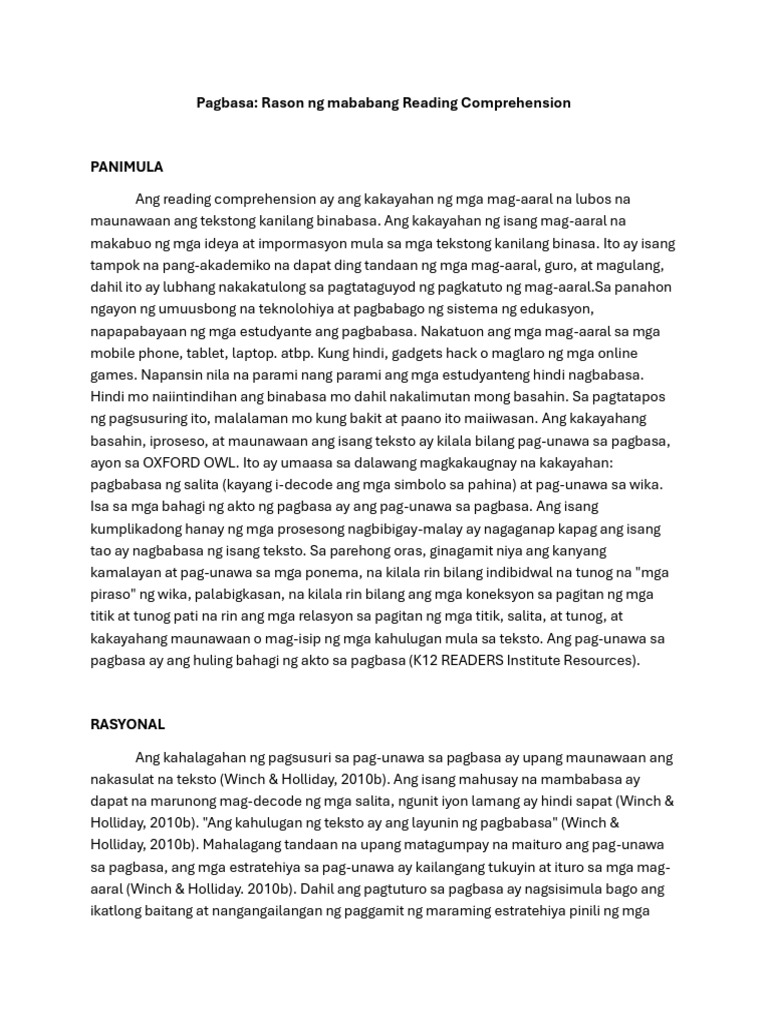 Pagbasa: Rason NG Mababang Reading Comprehension | PDF